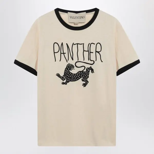 Valentino Garavani Butter-colored T-shirt With Panther Print - Cream