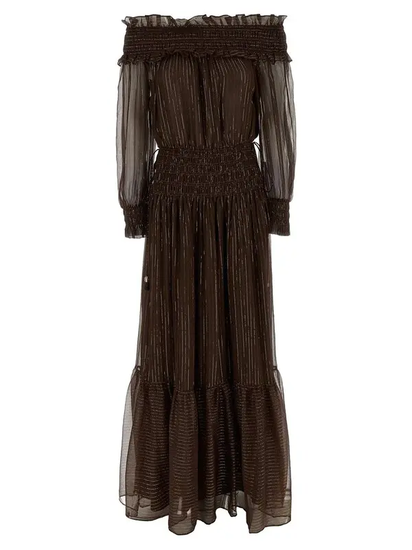 SELF-PORTRAIT Georgette Off Shoulder Maxi' Dress - Brown