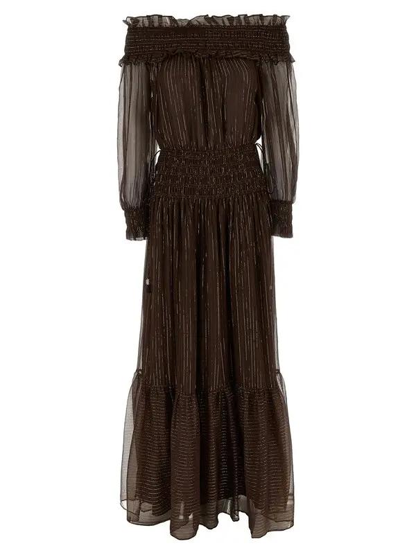 SELF-PORTRAIT Off-shoulder Crinkled Georgette Maxi Dress - Brown