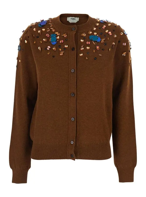 Fendi Brown Crewneck Cardigan With Rhinestone Embroidery In Wool And Cashmere - Multicolor