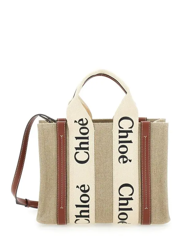 Chloé Tote Bag 'woody' With Logoed Straps In Canvas And Leather Beige - Cream