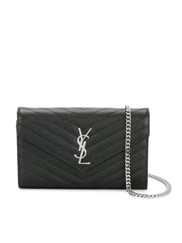 Saint Laurent Classic Cassandre Chain Wallet In Grain De Poudre Leather - Black