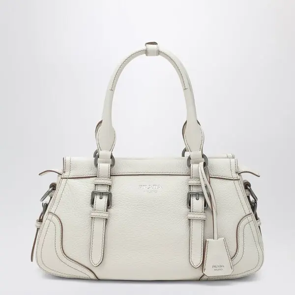 Prada Large Shopping Bag In Talc-colored Leather