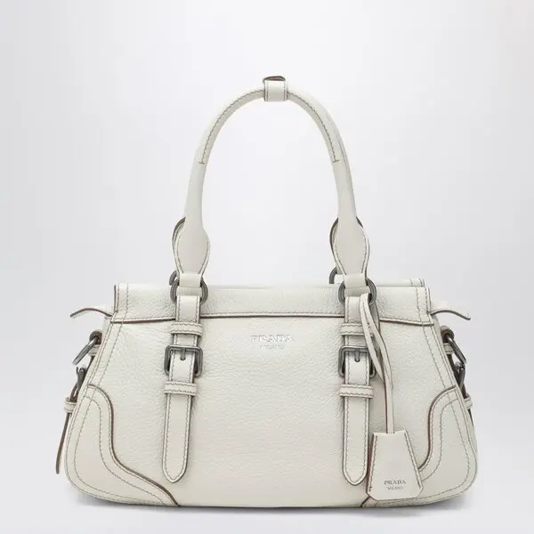 Prada Large Shopping Bag In Talc-colored Leather - White