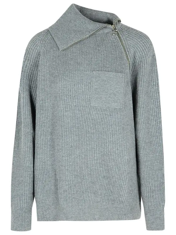 Sportmax Salpa' Cashmere Blend Sweater With Medium Grey Zip - Gray