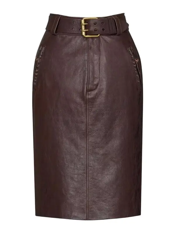 Saint Laurent Belted Pencil Skirt In Creased Leather - Red