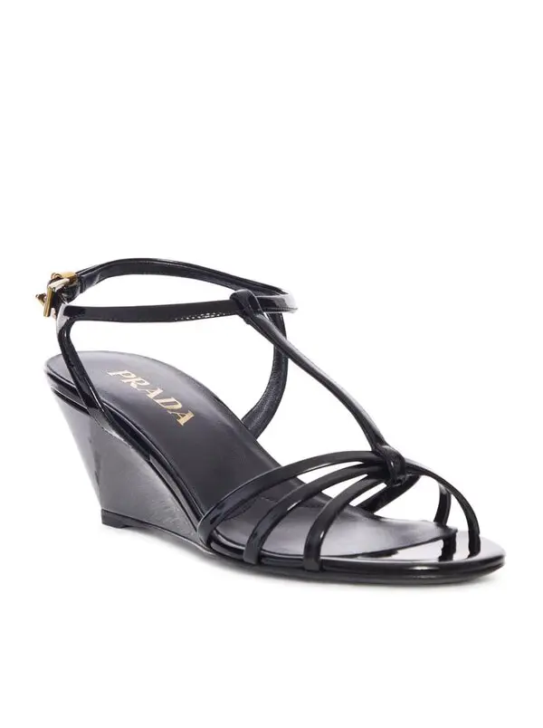 Prada Patent Leather Wedge Sandals - Black