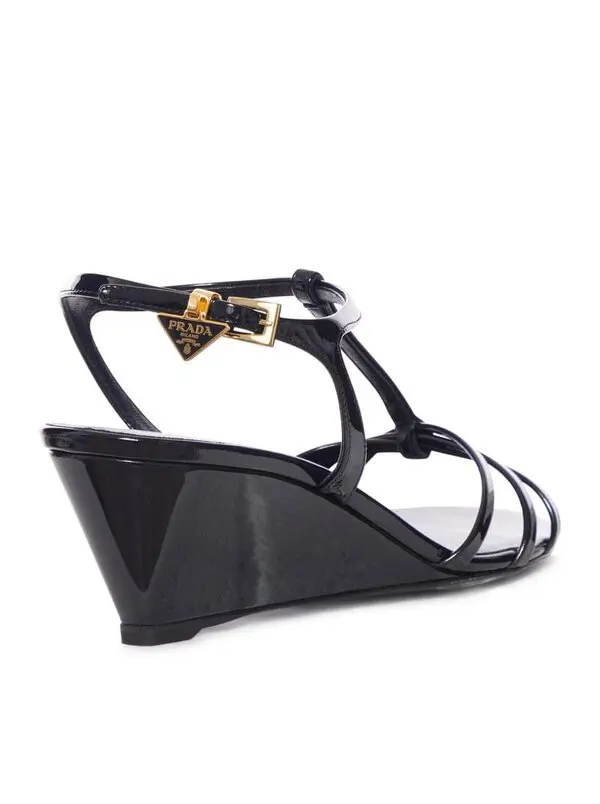 Prada Patent Leather Wedge Sandals - Black