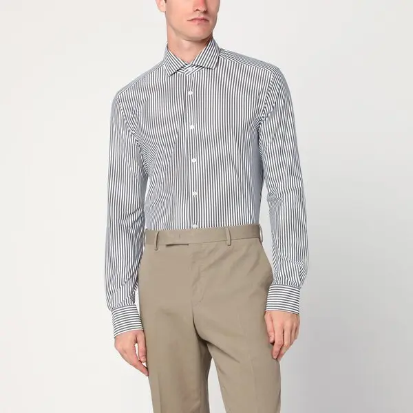 XACUS White Striped Active Twill Shirt Tailor Fit - Brown