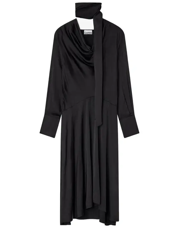 GANNI Midi Dress With Scarf - Black