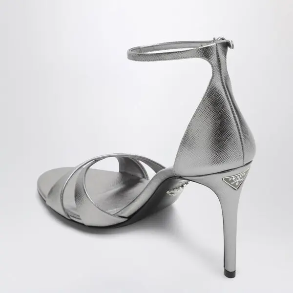 Prada Metallic Leather Heeled Sandals - Silver