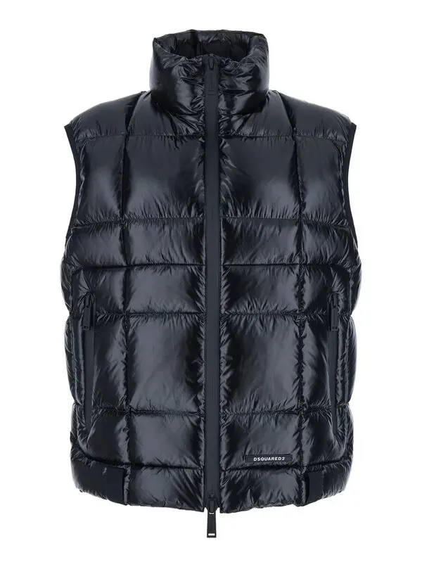 Dsquared2 Black Sleeveless Down Jacket With High Neck And Logo Patch On The Front In Tech Fabric