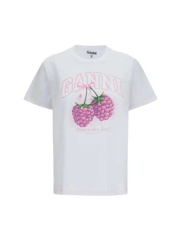 GANNI Cotton Raspberry T-shirt - White