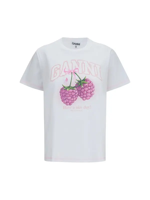 GANNI Cotton Raspberry T-shirt - White
