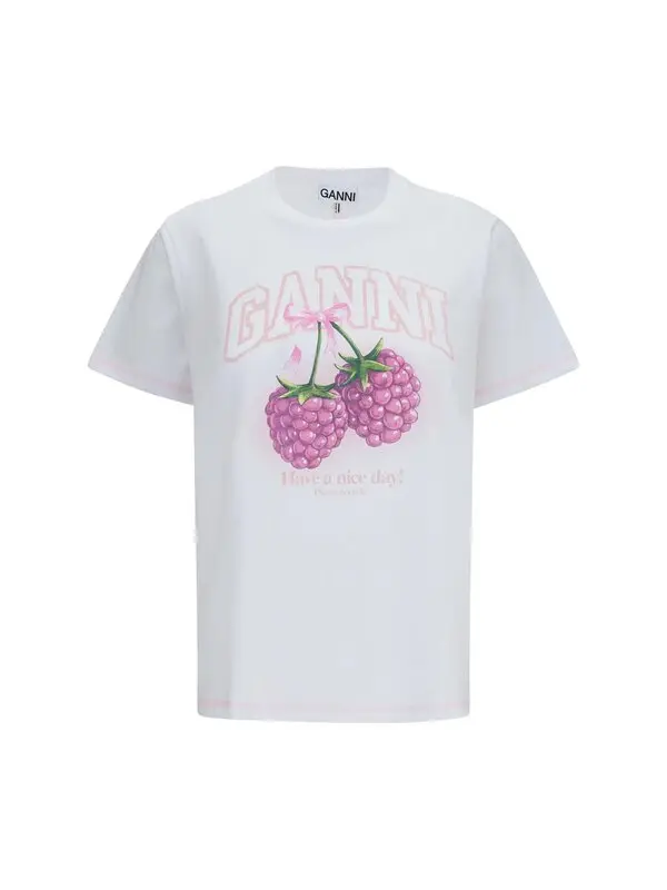 GANNI Cotton T-shirt With Raspberry Print - White