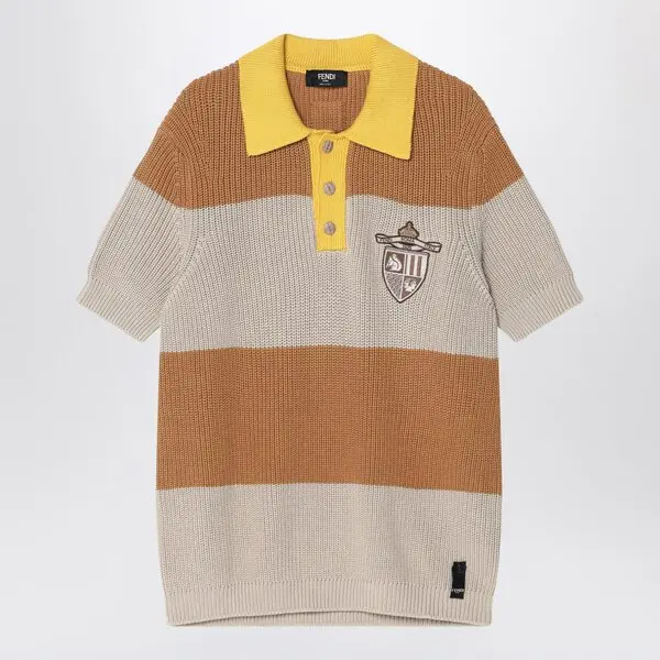 Fendi Knitted Cotton Polo Shirt With Sand And Beige Stripes - Gray