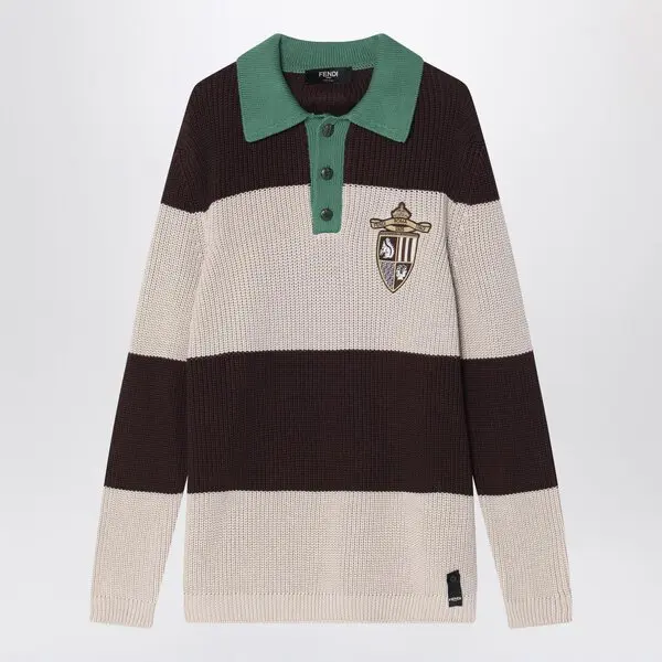 Fendi Knitted Cotton Polo Shirt With And Beige Stripes - Brown