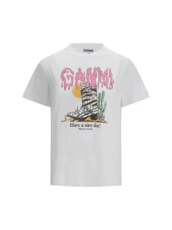 GANNI Western T-shirt With Cowboy Boots - White