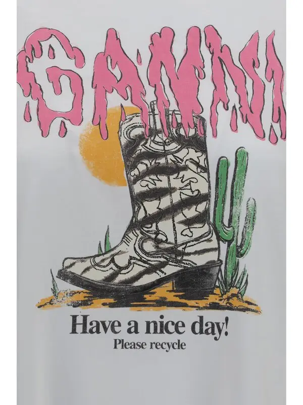 GANNI Western T-shirt With Cowboy Boots - White