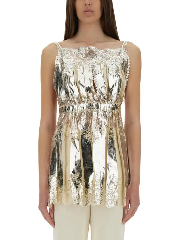 Rabanne Laminated Pleated Satin Top - Cream