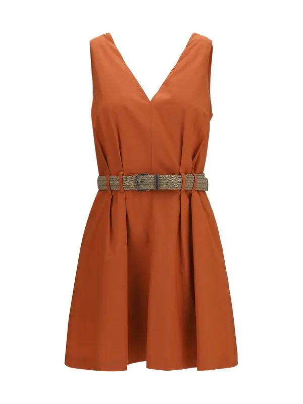 Brunello Cucinelli Pleated Dress With Rope Belt - Orange
