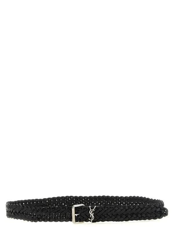 Saint Laurent Cassandre Woven Leather Belt - Black