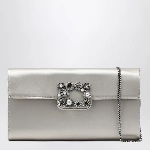 ROGER VIVIER Pearl Grey Satin Clutch Bag With Buckle - Gray