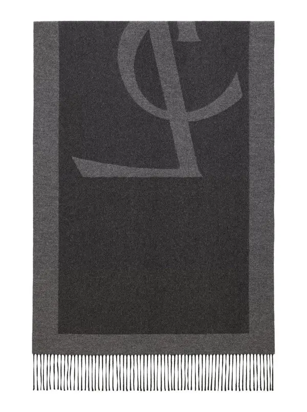 Saint Laurent Grey Scarf With Maxi Logo Lettering And Fringed Hem In Silk - Multicolor