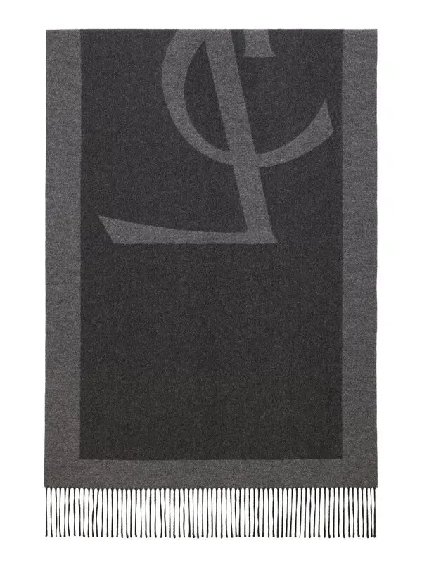 Saint Laurent Grey Scarf With Maxi Logo Lettering And Fringed Hem In Silk - Multicolor