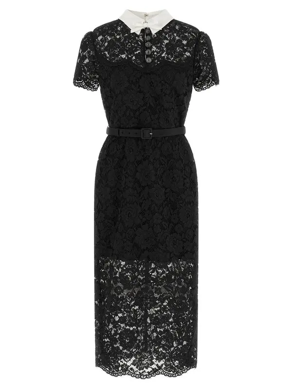 SELF-PORTRAIT Lace Contrast Collar Midi Dress - Black