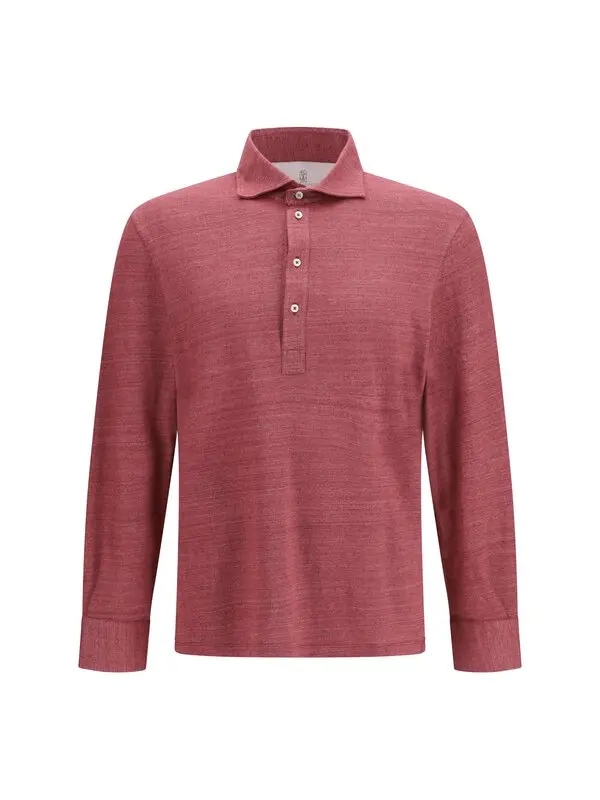 Brunello Cucinelli Long-sleeve Polo In Mélange Linen And Cotton Jersey - Pink