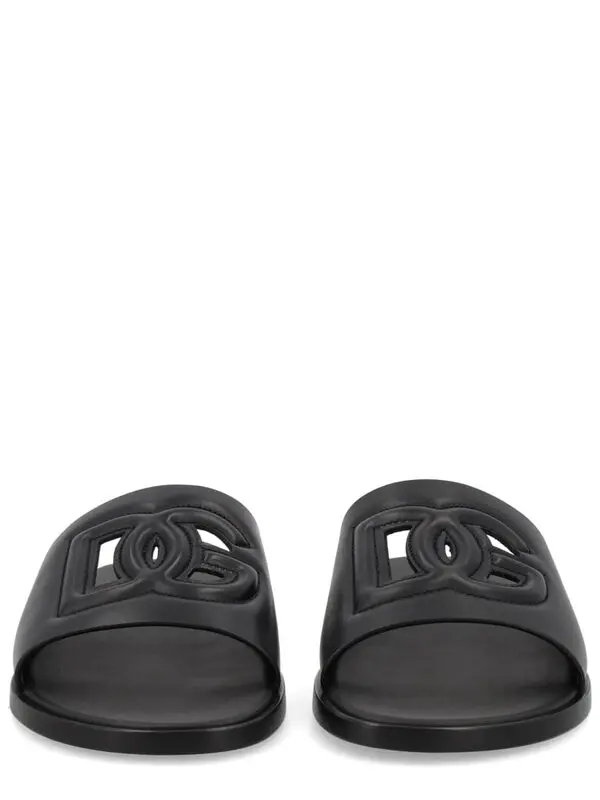 Dolce & Gabbana Leather Logo Slides - Black