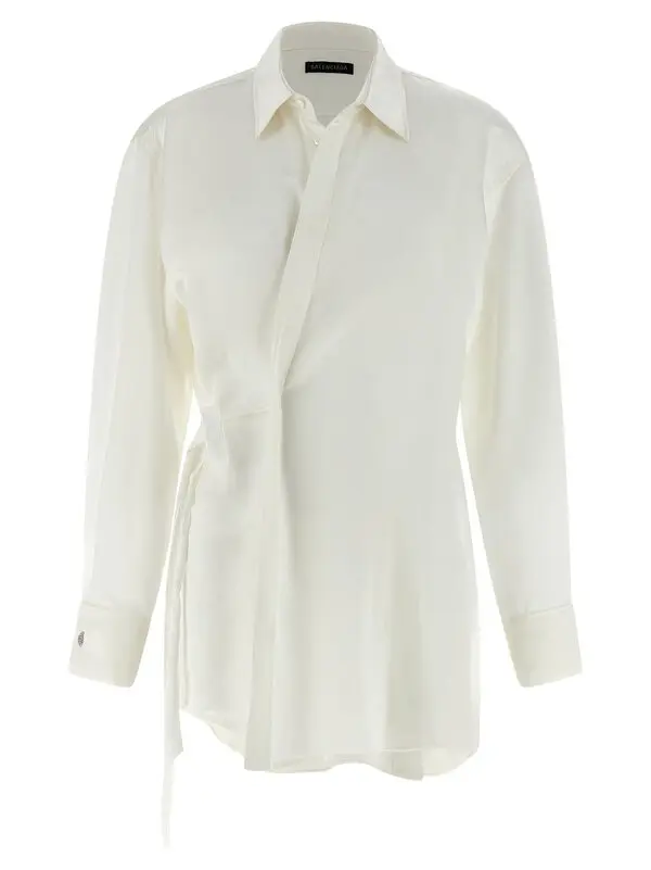 Balenciaga Asymmetrical Silk Satin Wrap Shirt - White