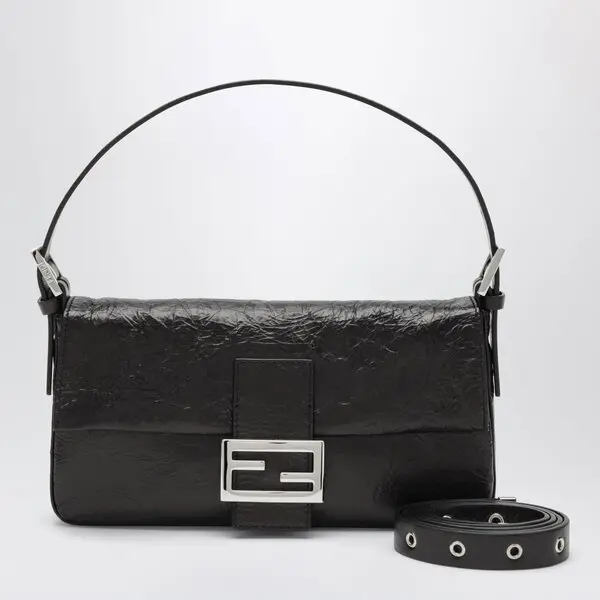 Fendi Glossy Crinkled Leather Baguette - Black