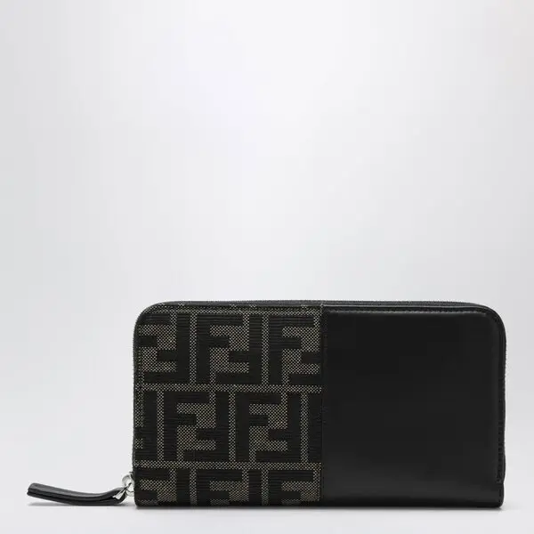 Fendi Tabacco Zip-around Wallet In Smooth Leather And Jacquard Ff - Black