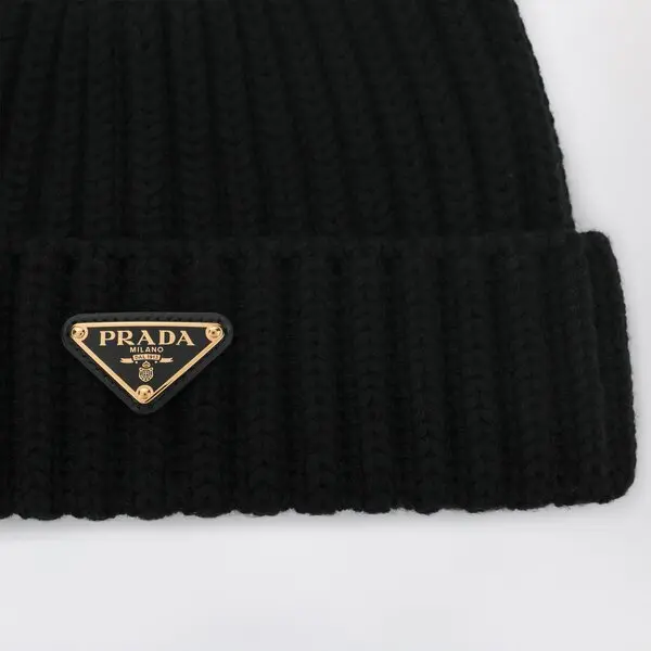 Prada Wool Beanie With Logo Triangle - Black