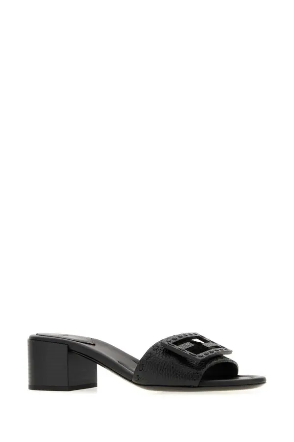 Fendi Leather Baguette Mules - Black