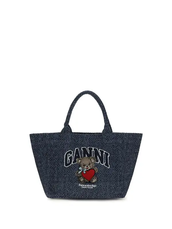 GANNI Medium Denim Tote Bag With Bear