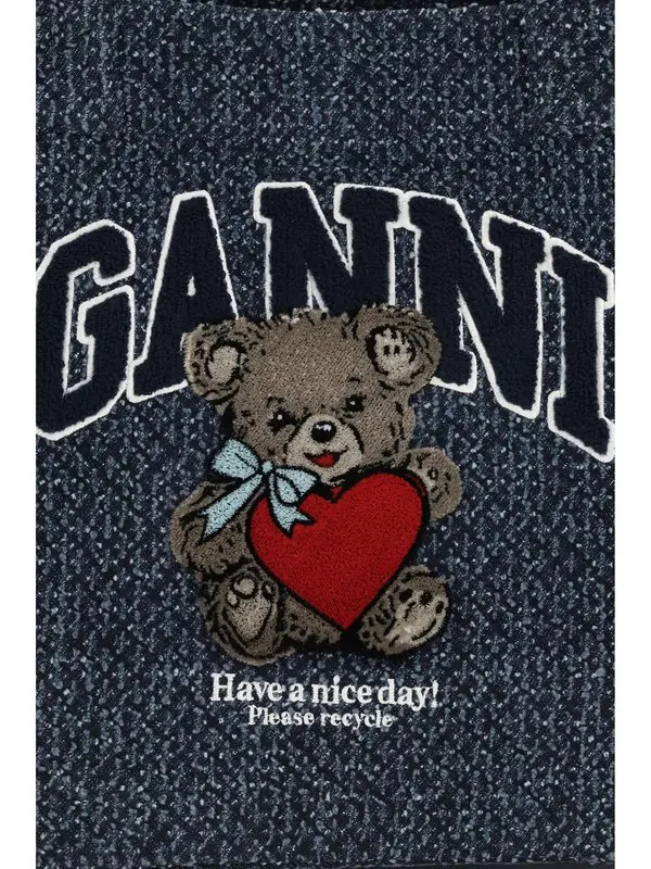 GANNI Medium Denim Tote Bag With Bear - Blue