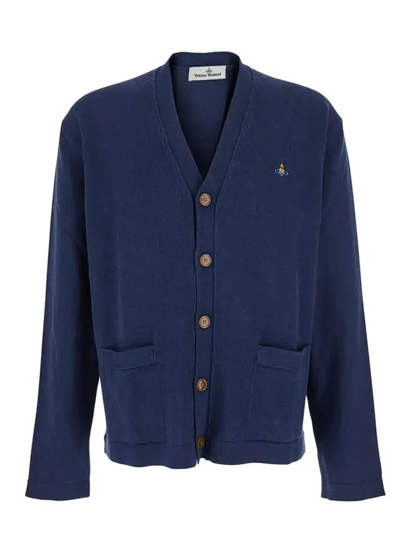 VIVIENNE WESTWOOD Blue V-neck Cardigan With Orb Decoration On The Front In Cotton - Multicolor