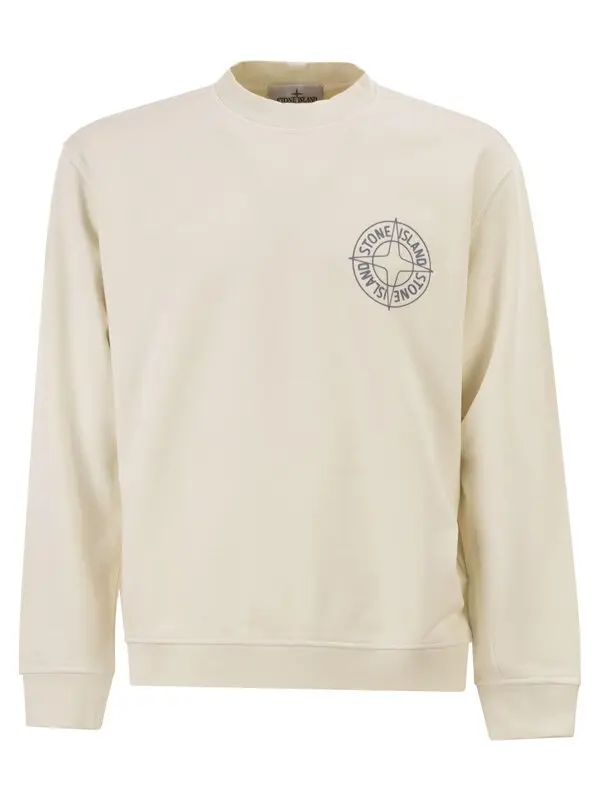 Stone Island Oversized Crew Neck Sweatshirt With “outline Compass” Print - Cream