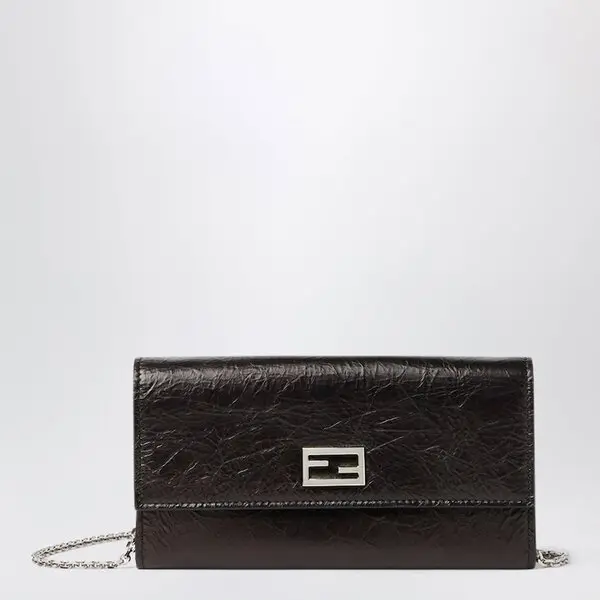 Fendi Tube Continental Wallet With Chain In Cracked Leather - Black