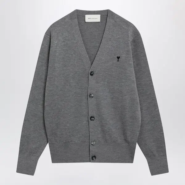 AMI Paris Grey De Coeur Cardigan In Wool - Gray