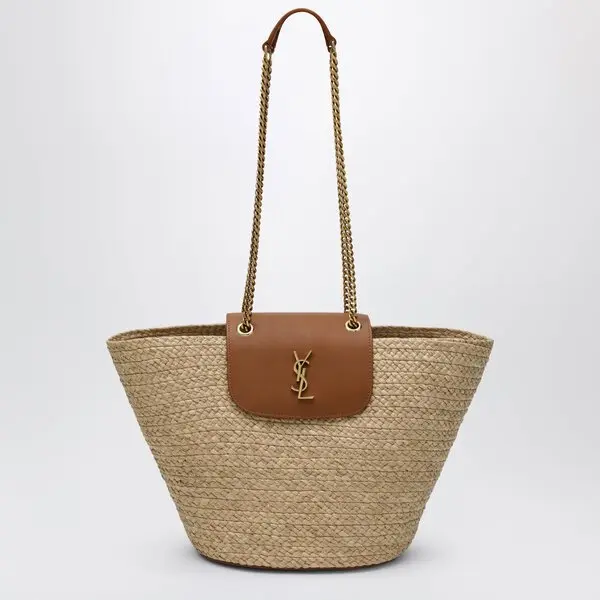 Saint Laurent Manon Raffia Basket Bag In Maple Sugar/brick