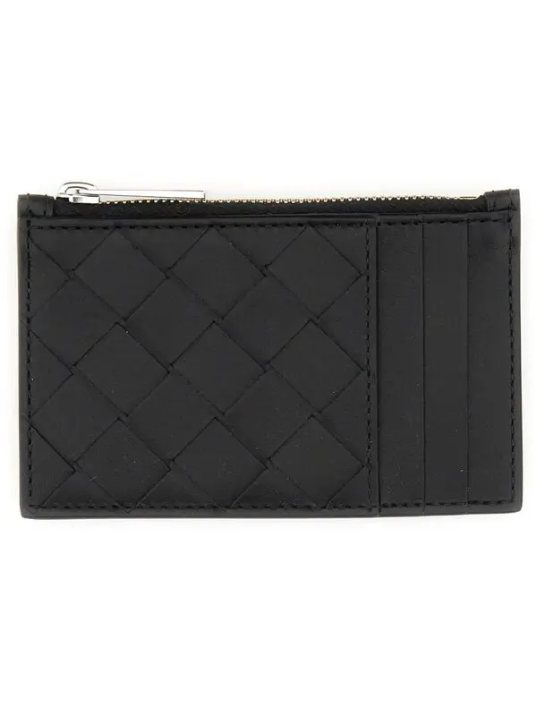 Bottega Veneta Woven Card Holder With Zipper - Black