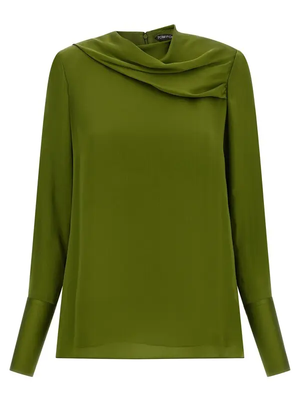 TOM FORD Draped Neck Silk Georgette Blouse - Green