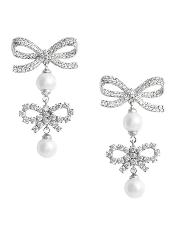 SELF-PORTRAIT Double Bow Earrings With All-over Crystal Decoration In Silver-colored Copper For - Multicolor