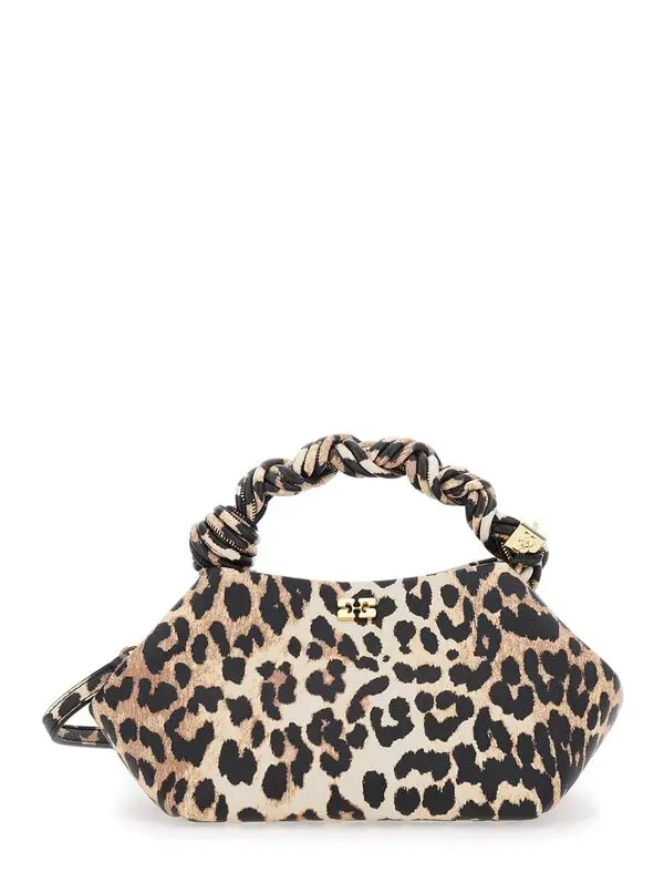 GANNI Bou Small' Brown Handbag With Woven Handle And All-over Animalier Motif In Fabric - Multicolor