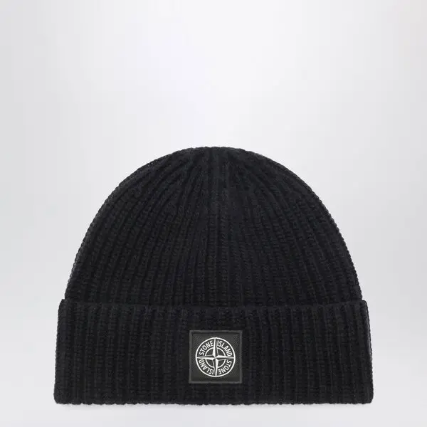 Stone Island Navy Wool Beanie With Compass Patch - Blue