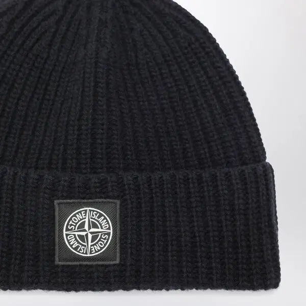 Stone Island Navy Wool Beanie With Compass Patch - Blue